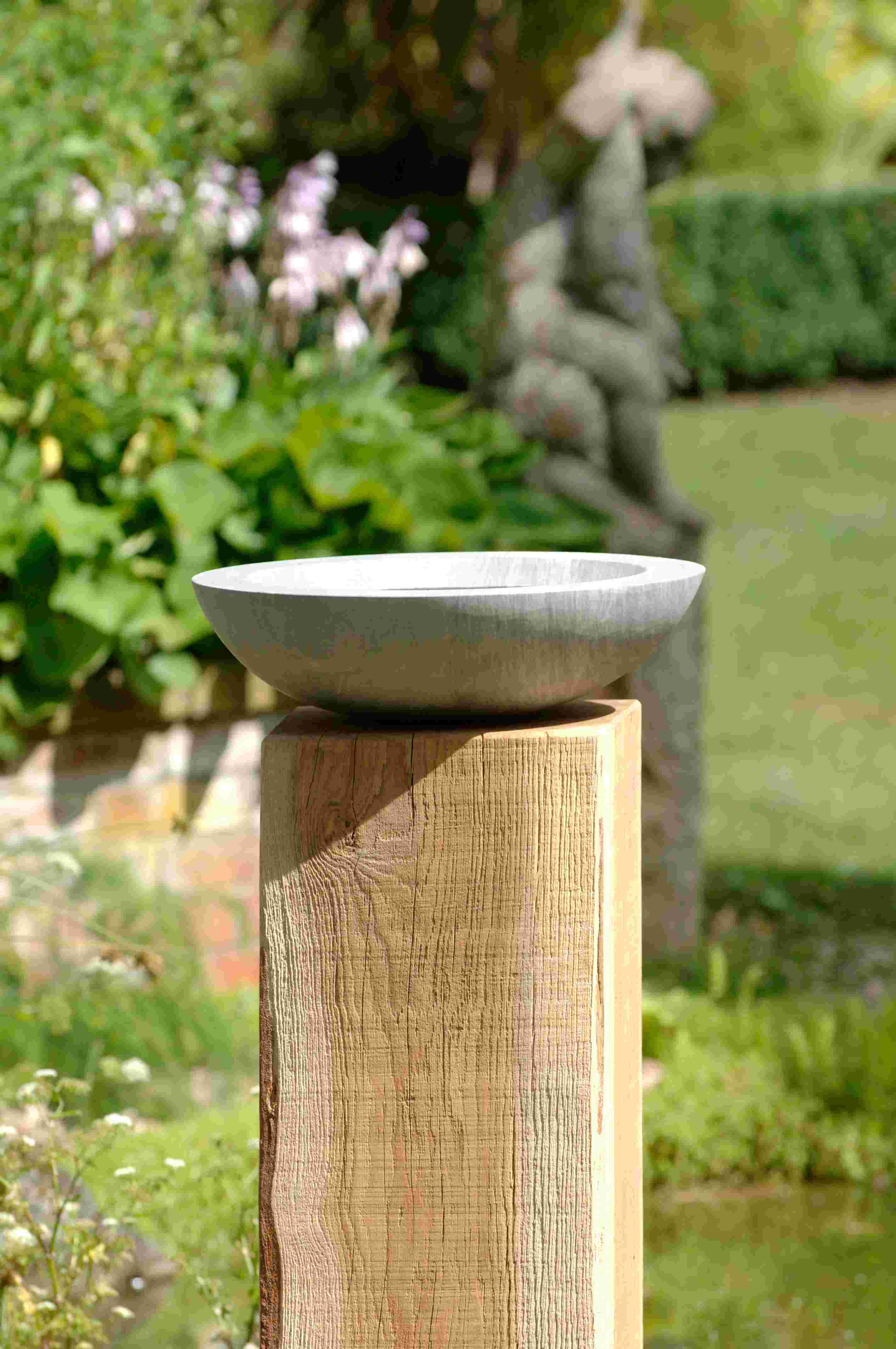 Acorn Grey Sandstone Birdbath on Weathered Oak Wooden Plinth - FORAS